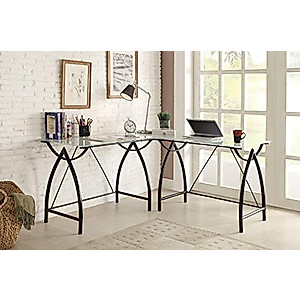 OSP Home Furnishings Newport L-Shaped Computer Desk with Frosted Tempered Glass Top and Black Powder Coated Steel Frame (NWP25L-BK)