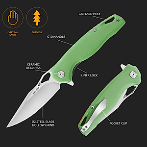 HANSHI Premium D2 Steel Blade G10 Handle Sharp Folding Pocket Knife with Clip for Men,Razor Tactical Knife Self Defense for Survival Hunting Camping Hiking Outdoor Gift,Foldable EDC Knife with Liner Lock for Women (green)