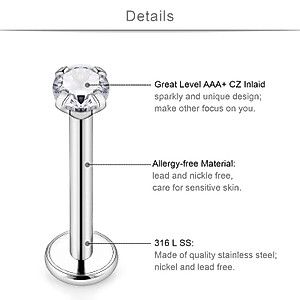 SCERRING 6 Pairs 16g Stainless Steel 2-4.5mm Prong Setting Clear CZ Internally Threaded Labret Monroe Lip Earring Ring Body Piercing Jewelry 10mm - Silver