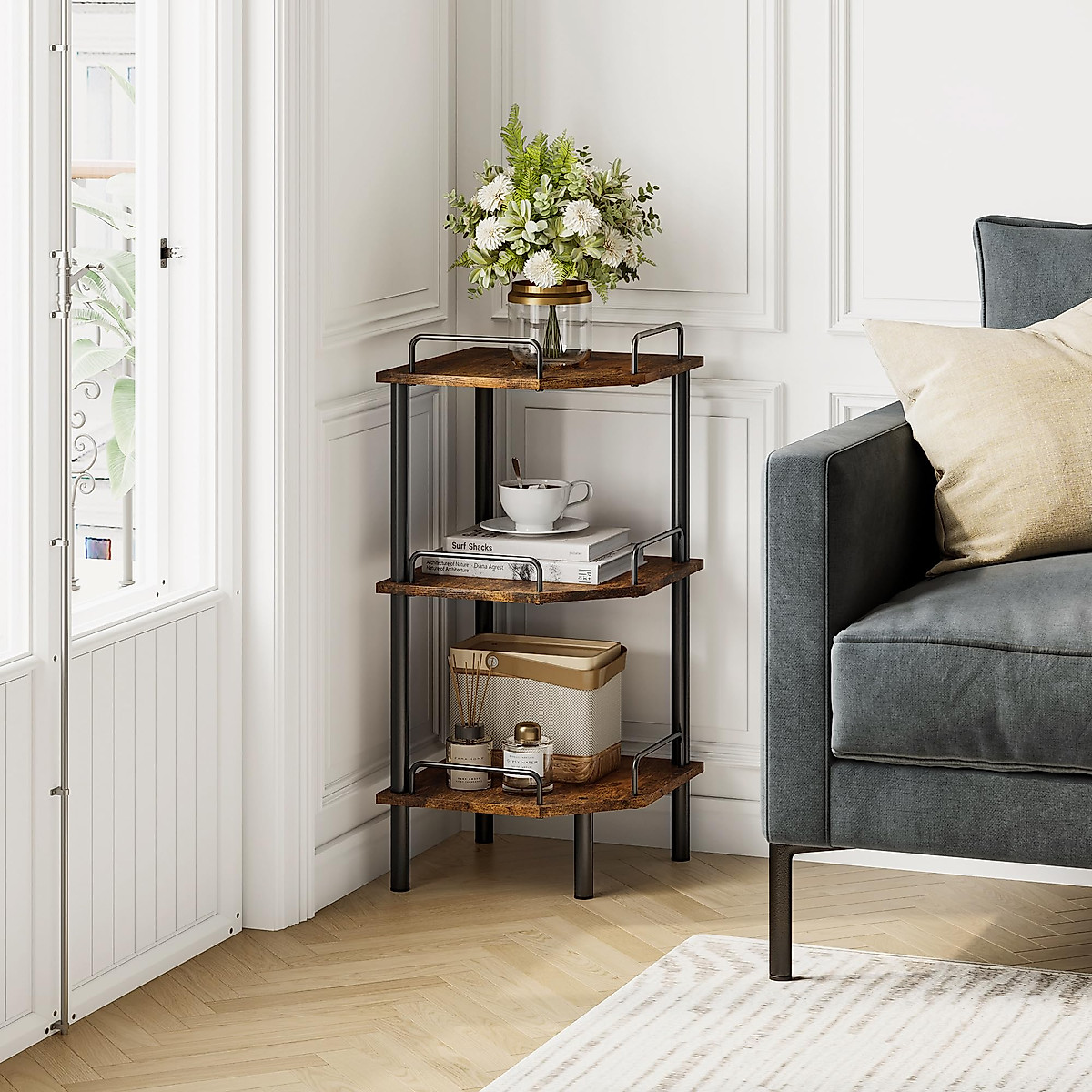 Tajsoon Corner Shelf Stand, 3 Tier Industrial Corner Shelves, Multipurpose Standing Display Shelf, Corner Shelving Unit for Bedroom, Living Room, Office, Kitchen, Rustic Brown