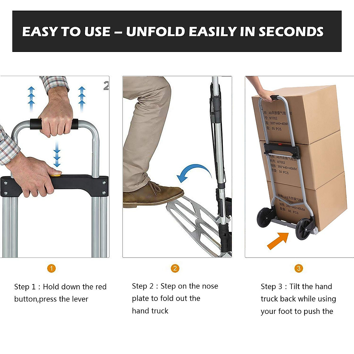 Kemanner Lightweight Folding Hand Truck Portable Luggage Trolley Cart with 2 Wheels for Personal, Moving, Travel and Shopping Use - Support 220lbs Capacity (Silver)