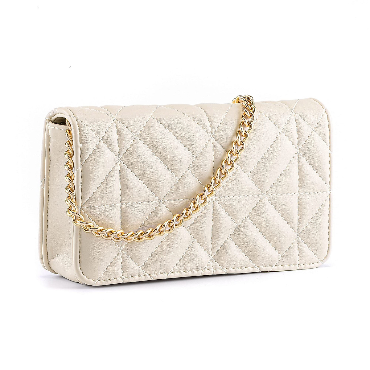 CHIC DIARY Crossbody Bag for Women PU Leather Clutch Handbag Small Quilted Purse with Chain Shoulder Strap (Beige)