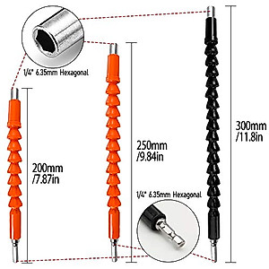VEINARDYL 5 pcs Flexible Drill Bit Extensions, 11.8 9.8 7.9 inch 1/4'' Hex Shank Screwdriver Connection Shaft Tip Flex Drive Quick Connect Adapter Power Tool Kit - Black, Red, Orange