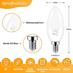 Brightever E12 LED Candelabra 40 Watt Equivalent Light Bulbs, 4W Warm White 2700K Ceiling Fan Bulbs, Chandelier Candle Lights for Wall Lanterns, Pendant Lights, Non-Dimmable, 6-Pack