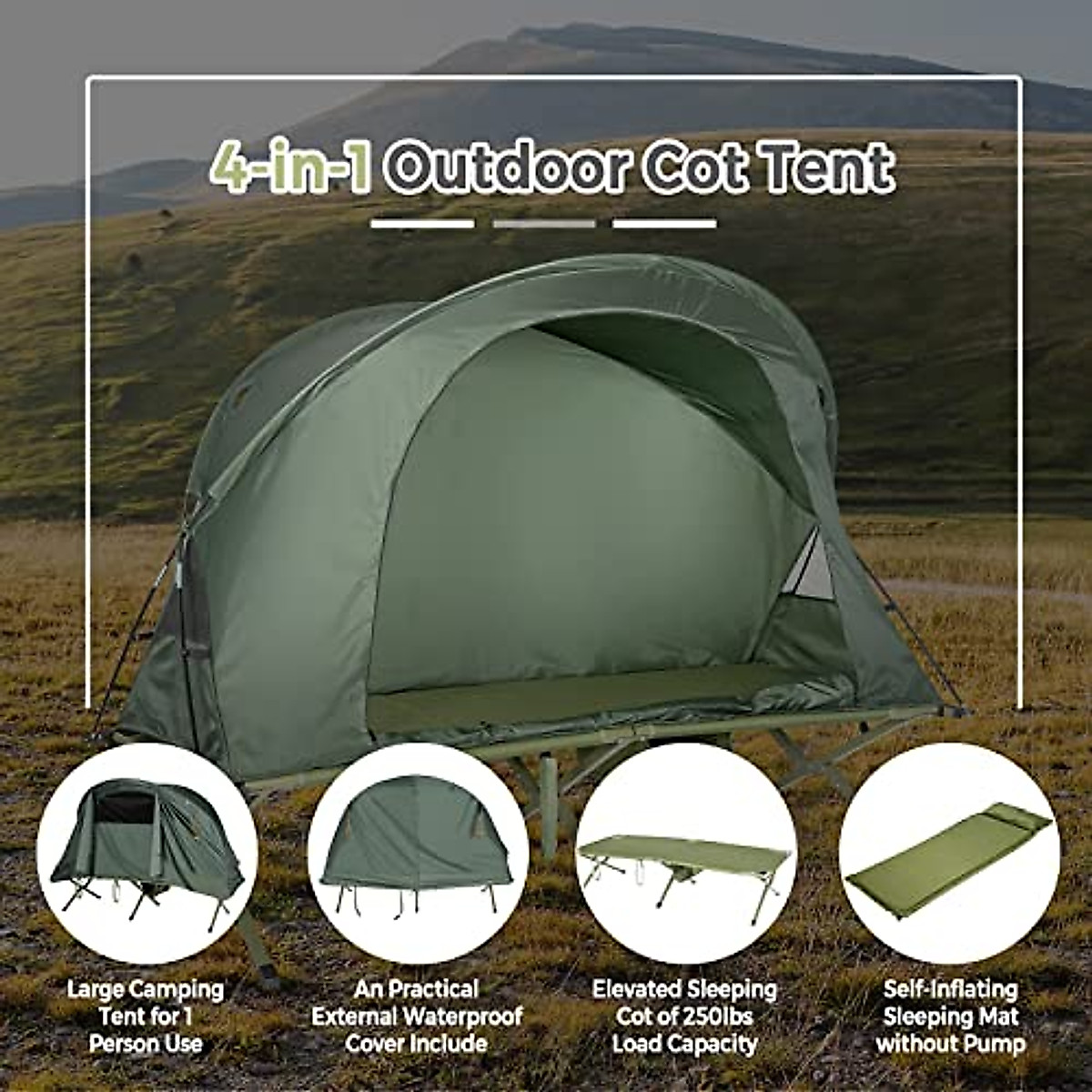 Tangkula 4-in-1 Camping Cot Tent, Foldable Off Ground Elevated Tent Set for 1 Person, Portable Tent with Waterproof External Cover, Air Mattress & Carrying Bag, Ideal for Outdoor Hiking, Camping