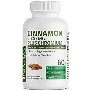 Bronson Cinnamon 2000 MG per Serving Plus Chromium Supports Sugar Metabolism, High Potency Chromium, Non-GMO, 60 Vegetarian Capsules