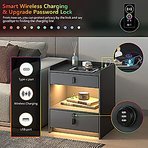 Vlsrka Nightstand with Charging Station, Night Stand with Drawers, LED Nightstands with 24 RGB Colors, Modern Side Table with USB Ports and Open Shelf, Bedside Table for Bedroom, Grey