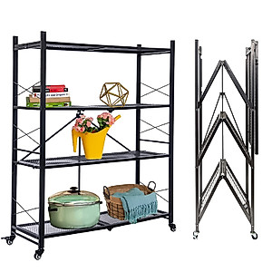 Foldable Shelves 4 Tier Heavy Duty Metal Storage Shelves with Wheels - No Assembly Collapsible Shelving Unit for Kitchen Garage Hold up to 1000 lbs