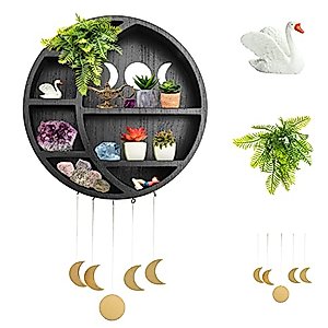 8PCS Black Moon Shelf with Plants, 5Hanging Moons and Swam|14”Crescent Moon Shelf for Crystals Stone, Essential Oil, Plant and Art| Crystal Holder Farmhouse Shelves, Wooden Hanging Floating Shelves