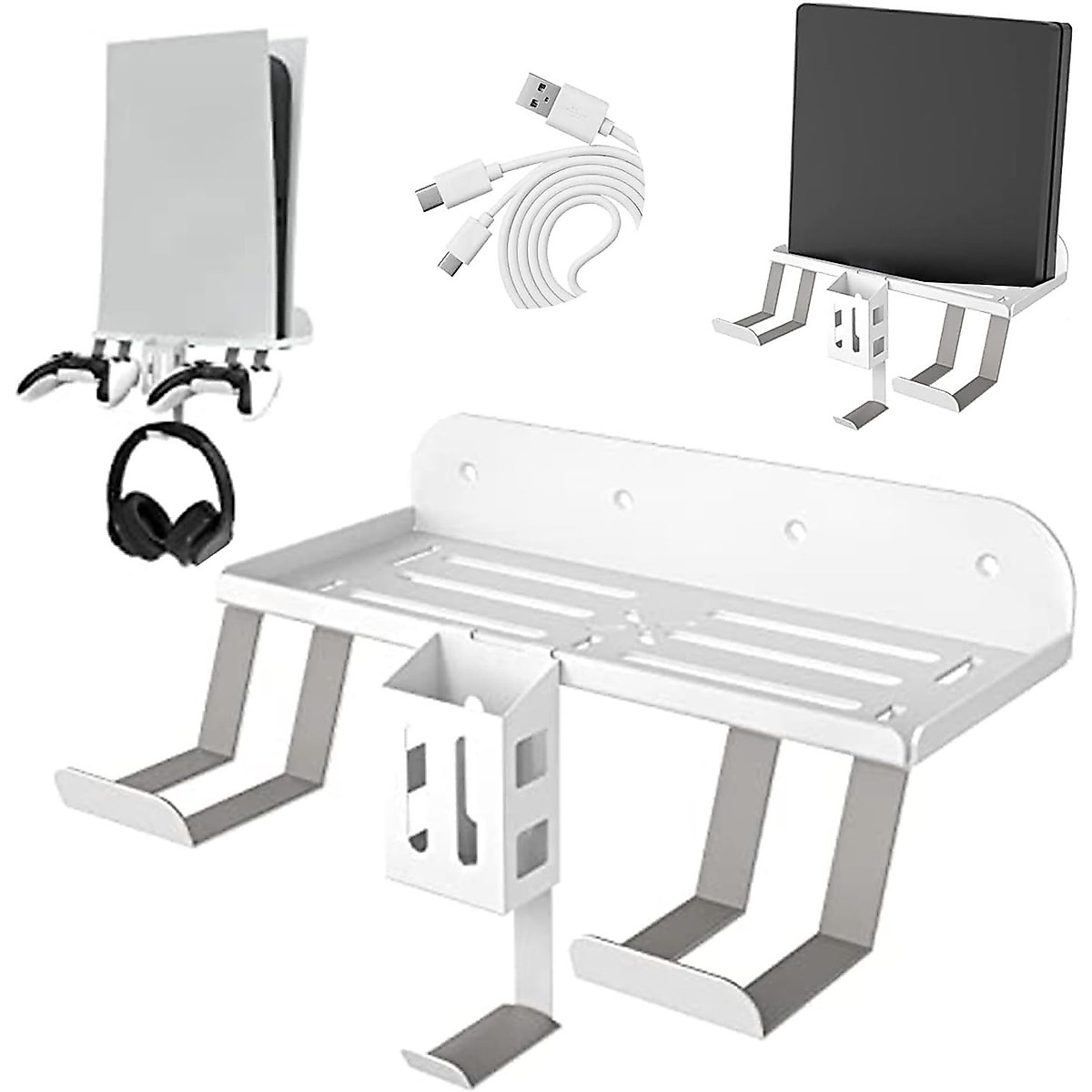 SWTOTK PS5 Wall Mount Kit with Charging Cable, 6-in-1 Playstation 5 (Disc & Digital) Metal Wall Stand with 2 Detachable Controller Hanging Bracket/Remote Box/Headset Hanger, w/Non-Slip Mat White