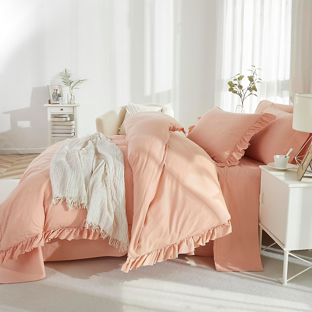 Brandream Full Size 4 Piece Bedding Sheet Set - Breathable & Cooling Bed Sheets - Luxury Bed Sheets for Kids, Teens, Women & Men - Deep Pockets 100% Cotton Linen Like Textured Durable Soft (Blush)