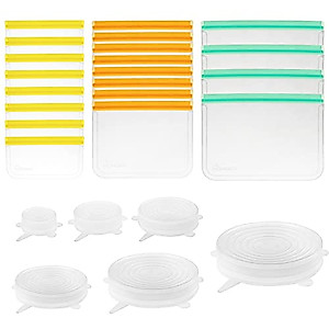 HOMGEN Reusable Storage Bags, 26Pcs BPA Free PEVA Fridge Reusable Storage Bags Leak Proof Resuable Freezer Bags, Reusable Gallon Bags, Reusable Sandwich Bags for Meat Fruit Veggies etc