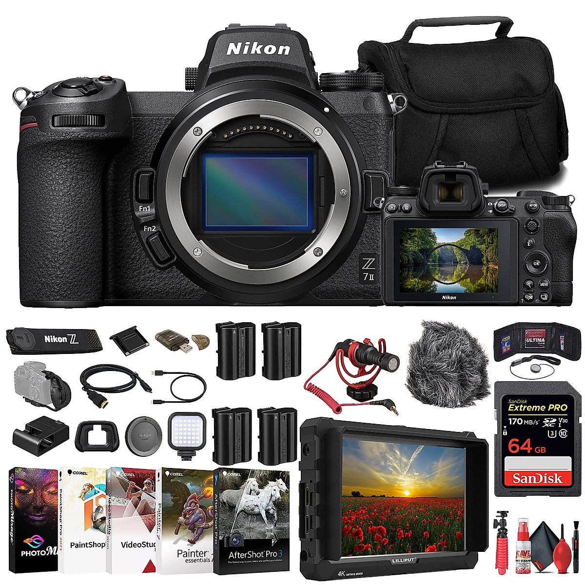 Nikon Z7 II Mirrorless Camera (1653) + 4K Monitor + 64GB Memory Card + Bag + 3 x EN-EL15c Battery + Card Reader + LED Light + Corel Photo Software + Rode Compact Mic + Flex Tripod + More (Renewed)
