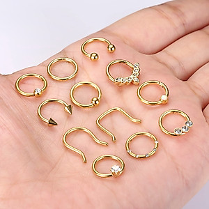 YADOCA 12PCS 16G Septum Rings Surgical Steel Septum Nose Piercing Jewelry Septum Clicker Nose Rings Hoops for Women Men Horseshoe Daith Helix Tragus Lip Cartilage Earrings Gold 10MM