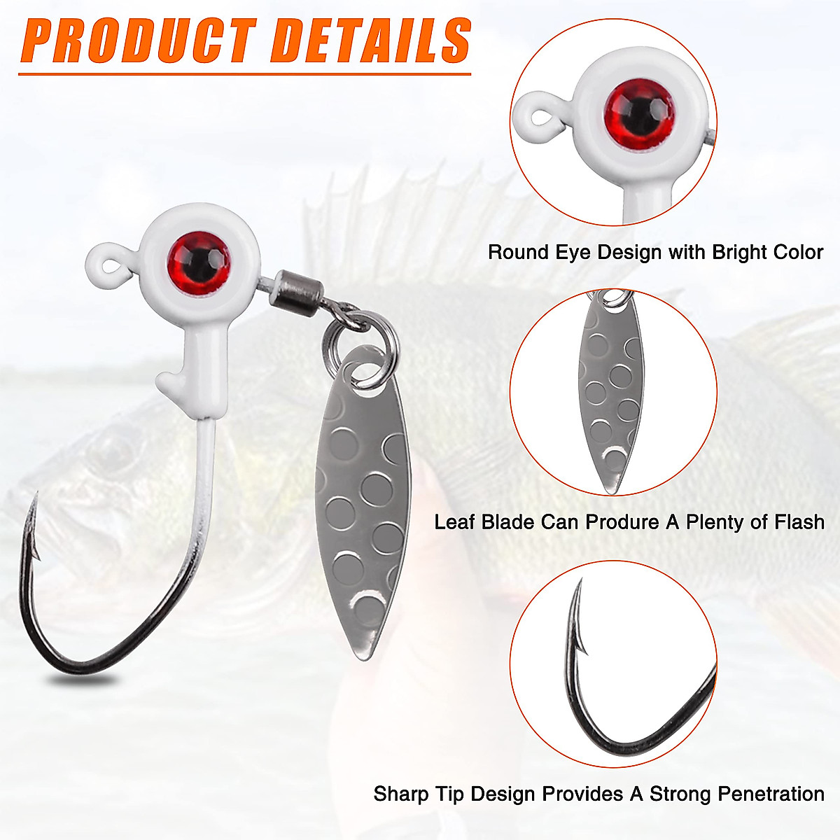 10Piece Fishing Jig Head with Willow Blade 3D Eyes Fishing Jigs Spoon Weighted Head Spin Jig Hook Lure Kit for Panfish Crappie