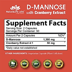 D-Mannose 1,300 mg with Cranberry Extract Fast-Acting, Flush Impurities, Natural Urinary Tract Health- 100 Veggie Capsules