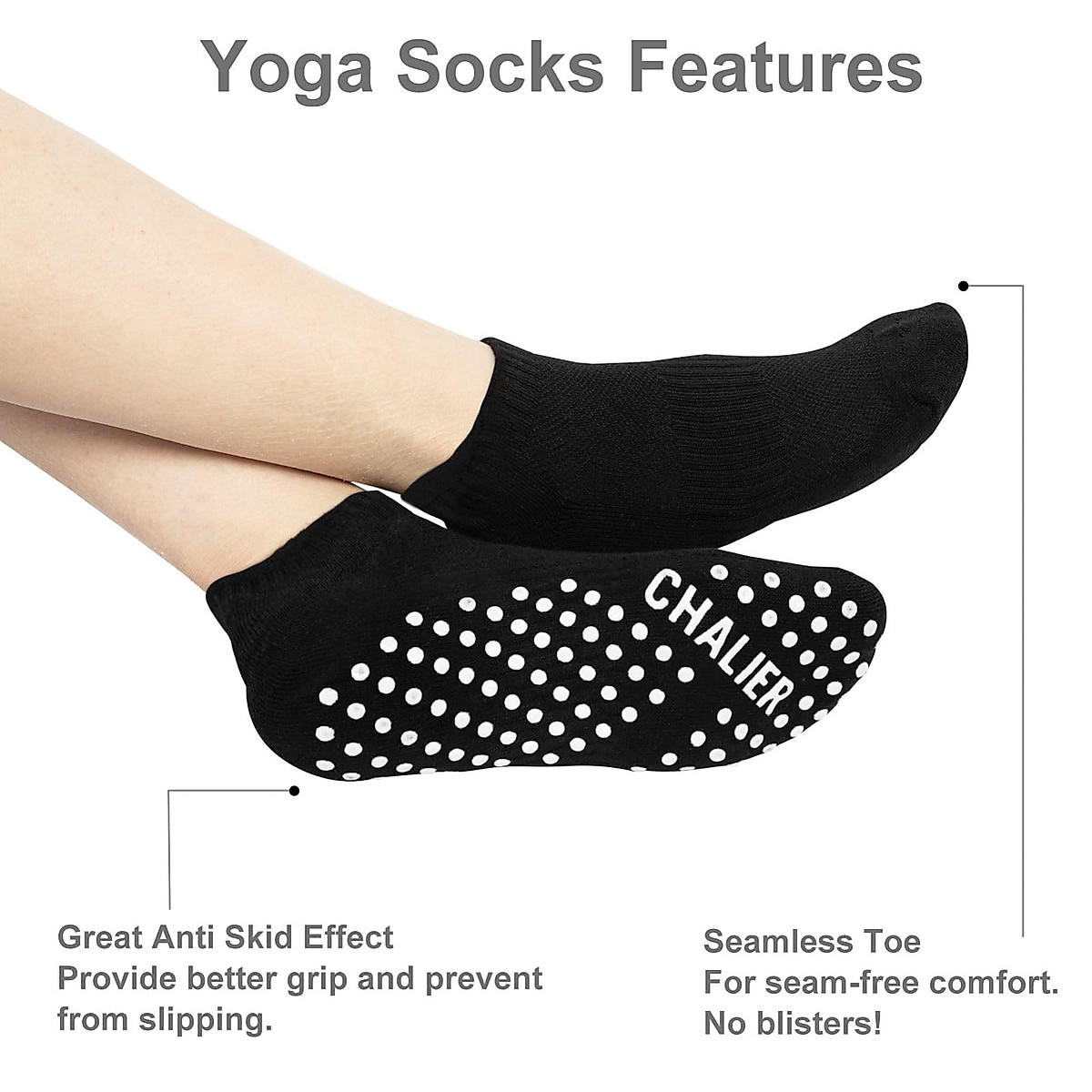 Chalier Fashion Non Slip Yoga Socks for Women 6 Pairs Ankle Low Cut Pilates Barre Socks with Grips, E-Black,Dark grey,Navy(6 Pairs)