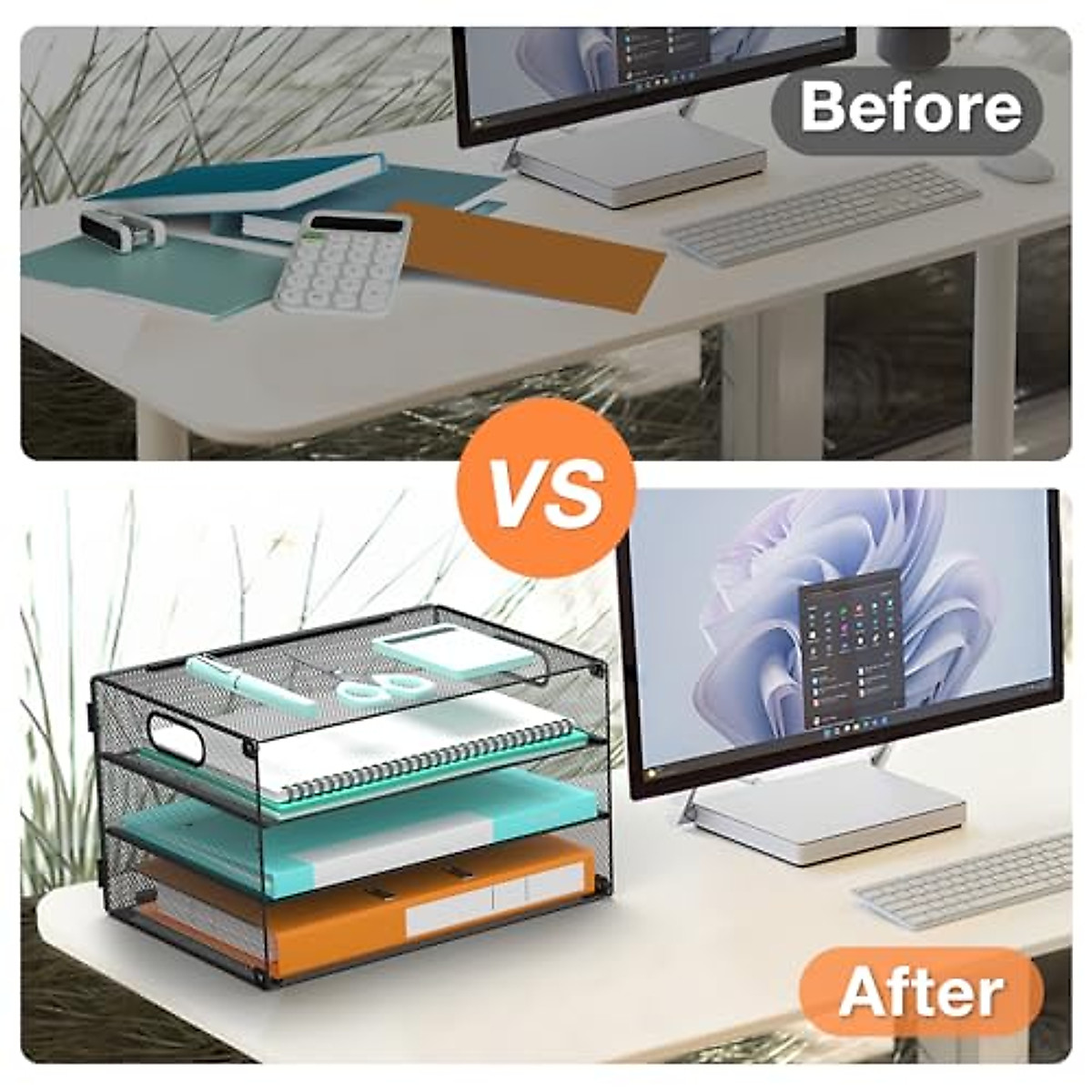 4-Tier Letter Tray Paper Organizer with Handle,Mesh File Holder Organization Document Storage for Office Home School, Black