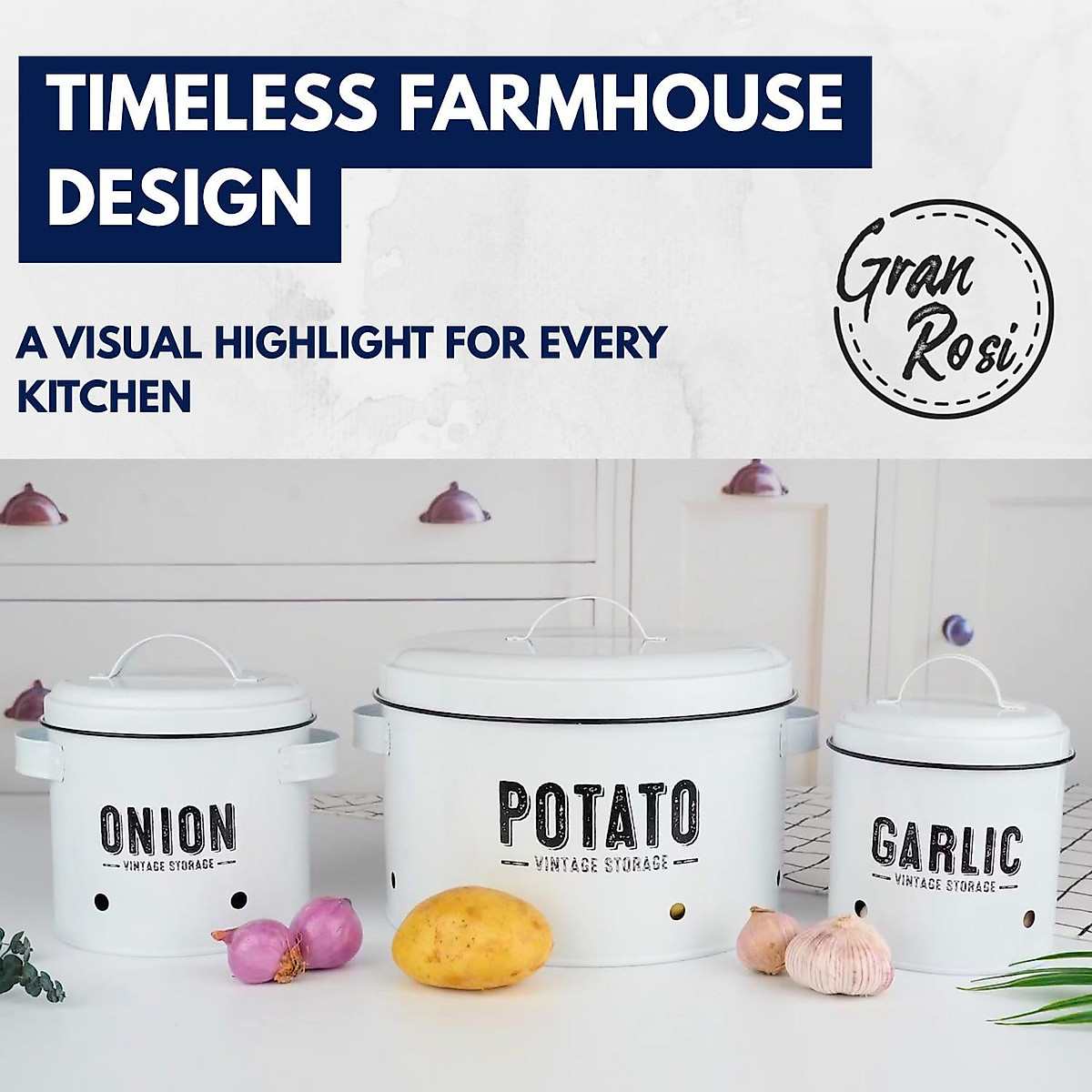 Granrosi Potato Storage For Pantry, Canister Sets for the Kitchen Counter, Onion Storage Containers, Garlic Keeper For Counter, Potato and Onion Storage Bin, Onion Keeper, Potato Bin, Potatoes Storage