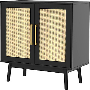 RESOM Black Rattan Accent Storage Cabinet, Sideboard Buffet Cabinet with Rattan Doors, Modern Wood Cabinet for Living Room, Dining Room, Kitchen, Entryway and Hallway