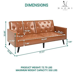 Naomi Home Jolene Tufted Split Back Futon, Mid Century Convertible Sofa Bed for Small Rooms, Faux Leather Couch, Perfect for Your Modern Living Room- Caramel, Faux Leather
