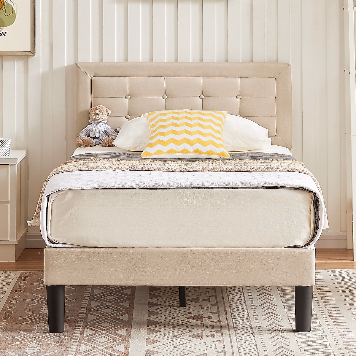 VECELO Twin Size Upholstered Bed Frame with Height Adjustable Fabric Headboard, Heavy-Duty Platform Bedframe/Mattress Foundation/Strong Wood Slat Support/No Box Spring Needed, BGE