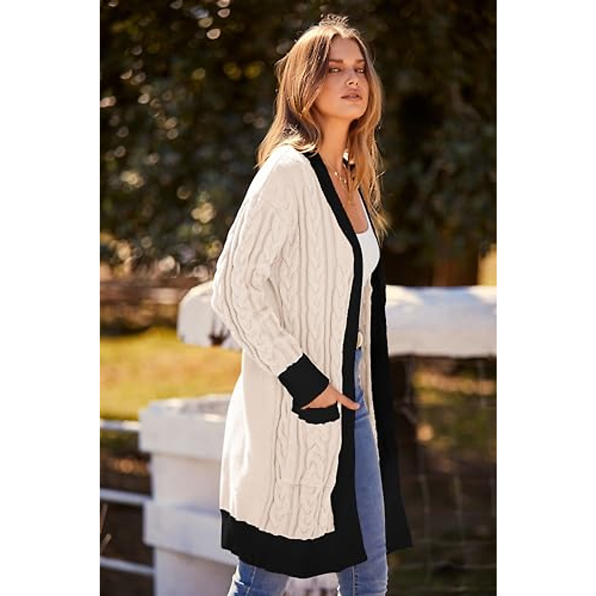 PRETTYGARDEN Women's 2024 Fall Cable Knit Cardigan Sweaters Casual Long Sleeve Open Front Loose Outerwear Coats (Beige,Medium)
