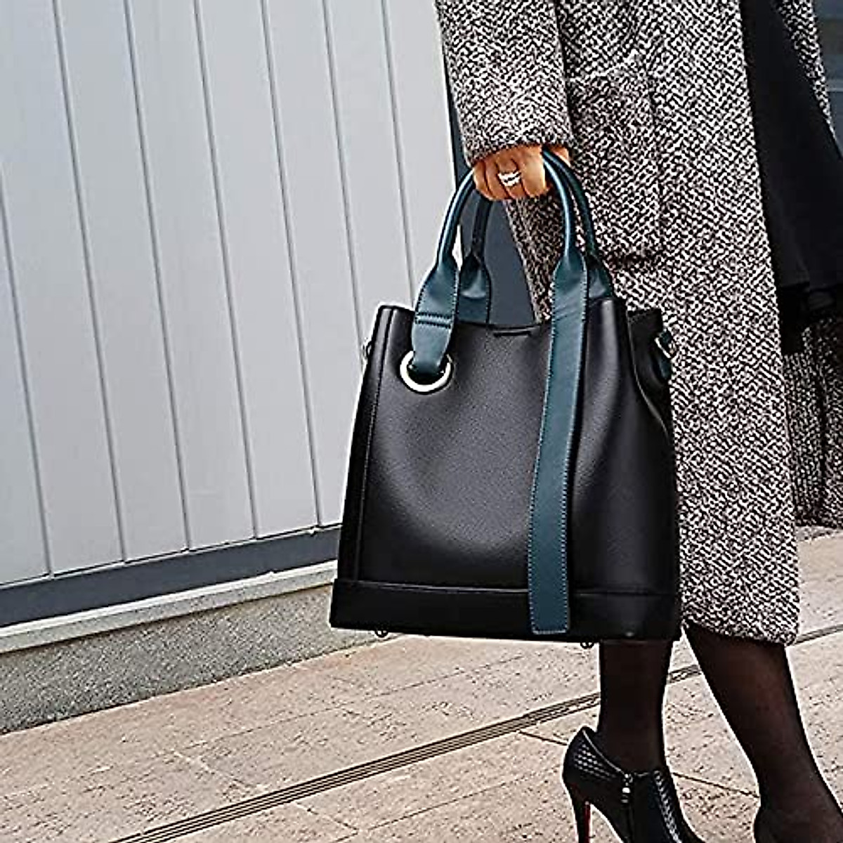 Women Big Capacity Vegan Leather Handle Bags Fashion Personality Casual Bucket Crossbody Bags Satchel Handbags Totes