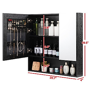 ALIMORDEN Medicine Cabinet with Mirror and Shelves, Bathroom Wall Cabinet with Jewelry Organizer, Vanity, Recessed or Surface Mount, 30.4" L x 29.5" H, Black