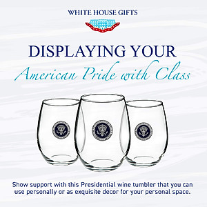 White House Gifts: Presidential Seal Glass Pewter Wine Tumbler (15 oz) Stemless Wine Glass with Fine Pewter Casting on Presidential Symbol - Perfect Souvenir or Home Bar Collectible - Made in the USA_AB