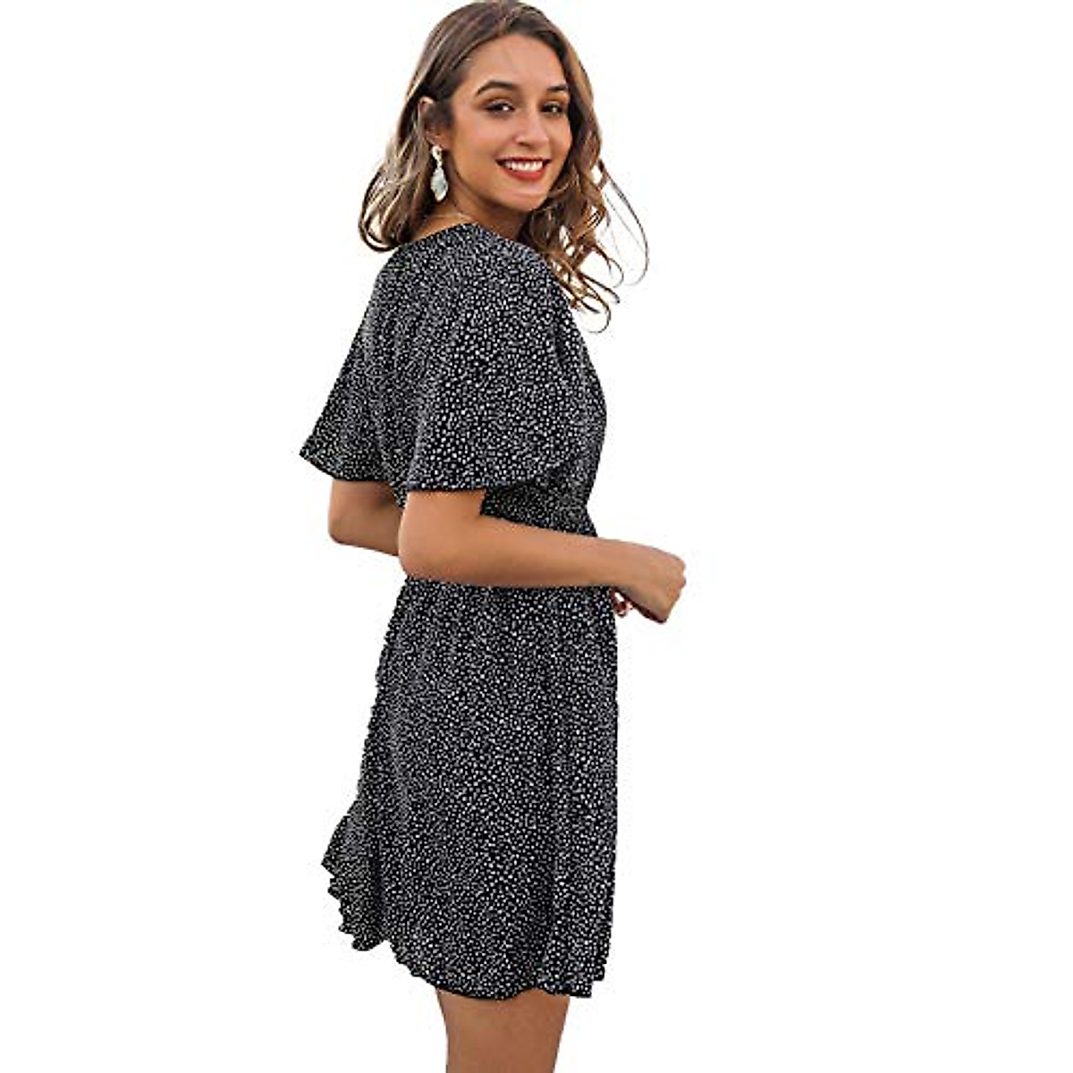 Romwe Women's Short Sleeve V Neck All Over Print High Waist A Line Summer Short Dress Black S