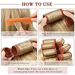 12 Pieces Hair Perm Rods Set Cold Wave Rods Plastic Perming Rods Hair Curling Rollers with Stainless Steel Rat Tail Comb Pintail Comb for Hairdressing Styling Tools (1.57 Inch, Brown)