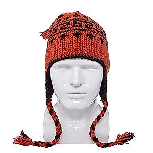 Hand Knit Sherpa Wool Hat with Micro Fleece Lining and Ear Flaps, Handmade Winter Toque, Christmas Beanie, Made in Nepal (Black and Orange)