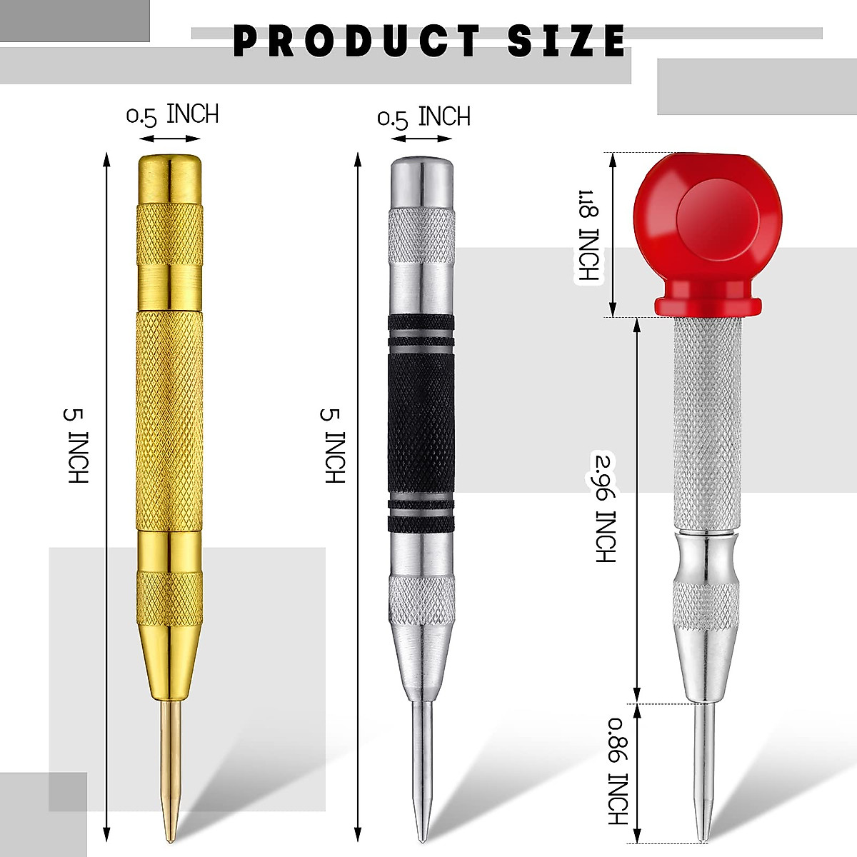 3 Pack Center Punch Spring Loaded Automatic Punch 5 Inches Crushing Hand Tool Center Hole Punch for Wood Metal Awl Puncher with Cushion Cap Adjustable Tension
