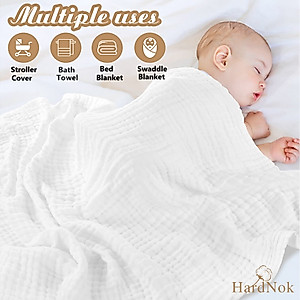 HardNok White Muslin Swaddle Blanket 6 Layer Super Soft Receiving Blanket, Breathable Baby Muslin Blanket for Boys Girls as Shower Gift (1, White 40x40)