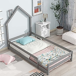 Twin Size Montessori Wood Floor Bed with House-Shaped Headboard and Fences, Full Platform Bed for Kids,Girls,Boys, Low to Ground Height, No Box Spring Needed (Grey)