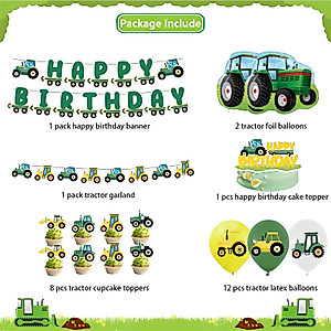 JOPARY Farm Green Tractor Party Supplies,Green Tractor Birthday Decorations with Happy Birthday Banner, Cupcake Toppers, and Balloons for Girls Boys Kids Birthday