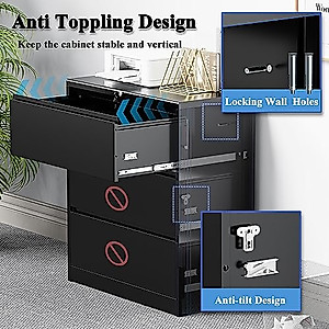Hak Metal 3 Drawer Lateral File Cabinet with Lock, Black Office File Cabinet for Storing Legal/Letter A4 Size File, Mordent Locking Lateral Filing Cabinets for Home Office (Black)