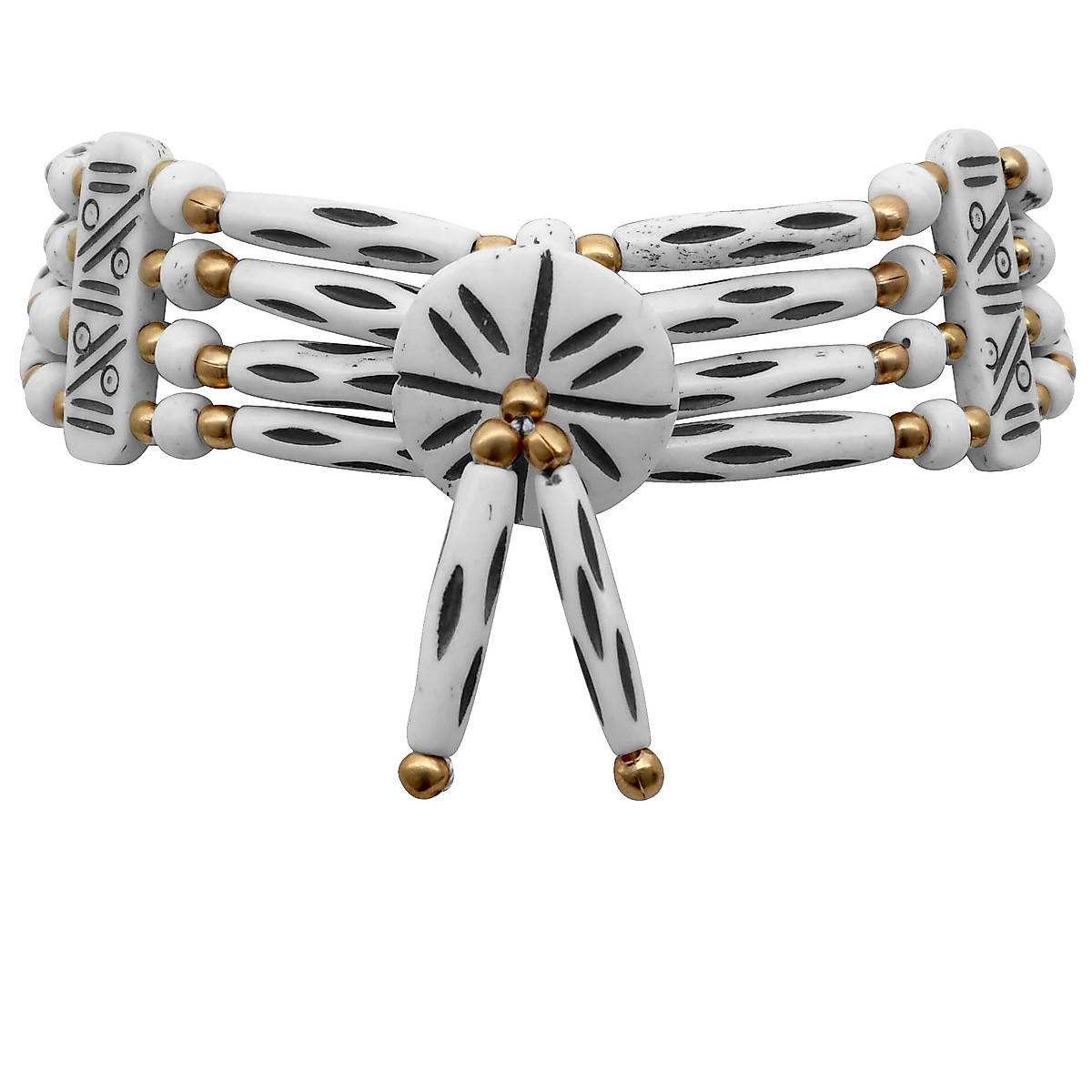 outROAR Gear American Indian Style Bone Choker Necklace, 4 Row White Speckled Traditional Hairpipe Beads, Unisex Adjustable