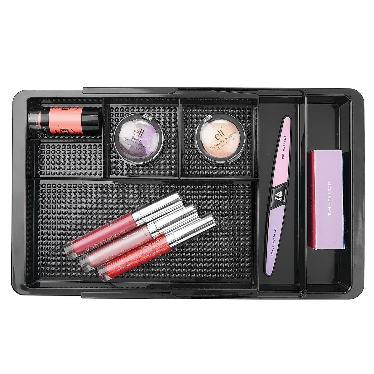 mDesign Adjustable, Expandable Divided Office Desk Drawer Organizer Tray for Office Supplies, Gel Pens, Pencils, Markers, Tape, Erasers, Paperclips, Staples - 7 Compartments, 1.25" High - Black