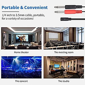 Poyiccot 1/4 Mono to 3.5mm Stereo Adapter, 3.5mm to 1/4 Adapter Cable, 1/8 to 1/4 Splitter Cable, 3.5mm 1/8 TRS Female to Dual 6.35mm 1/4 TS Male Stereo to Mono Y Splitter Cable, 20cm/8inch