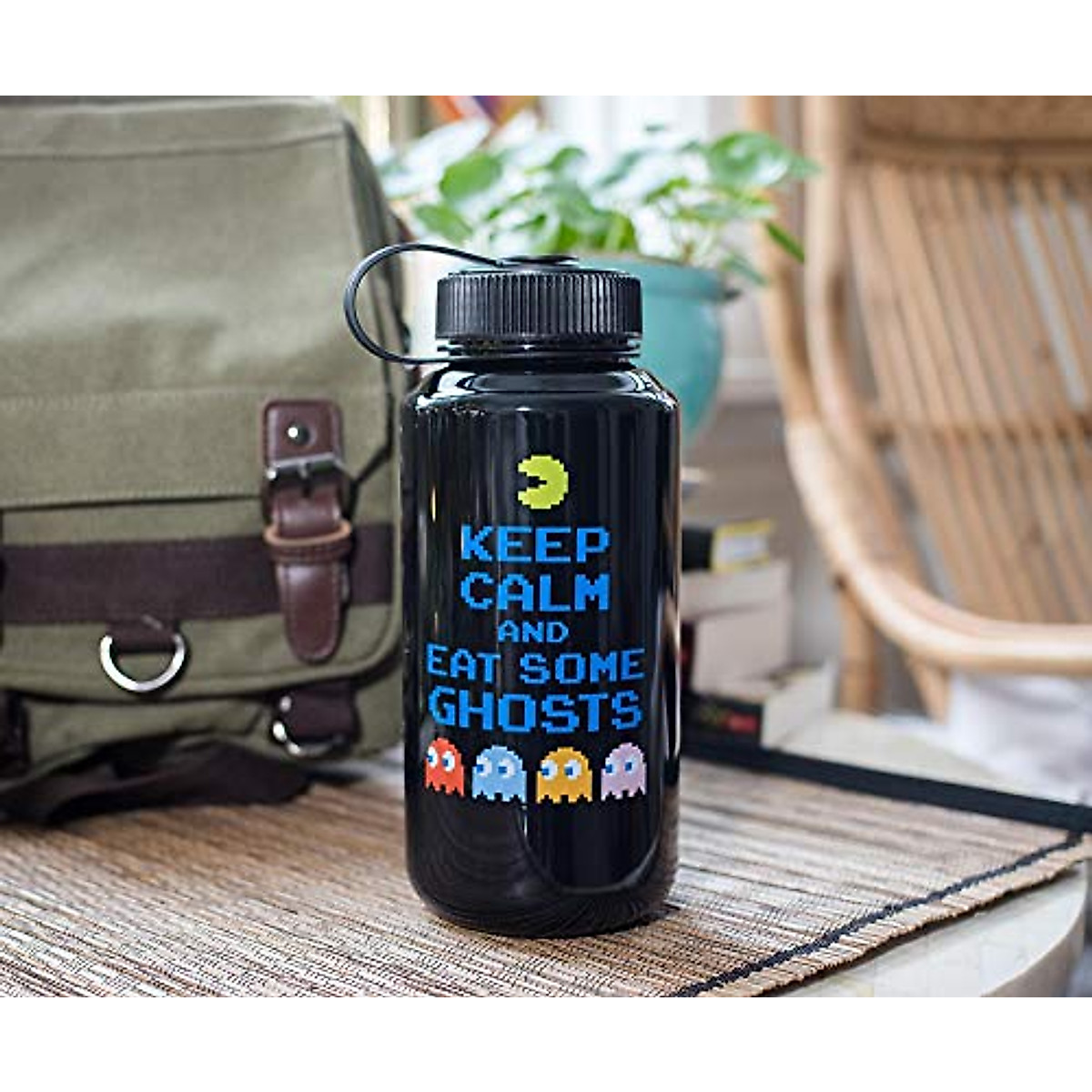 Pac-Man "Keep Calm and Eat Some Ghosts" Water Bottle | BPA-Free Large Plastic Water Jug With Screw Top Lid | Hydration For Outdoor Sports, Gym, Yoga | Holds 32 Ounces