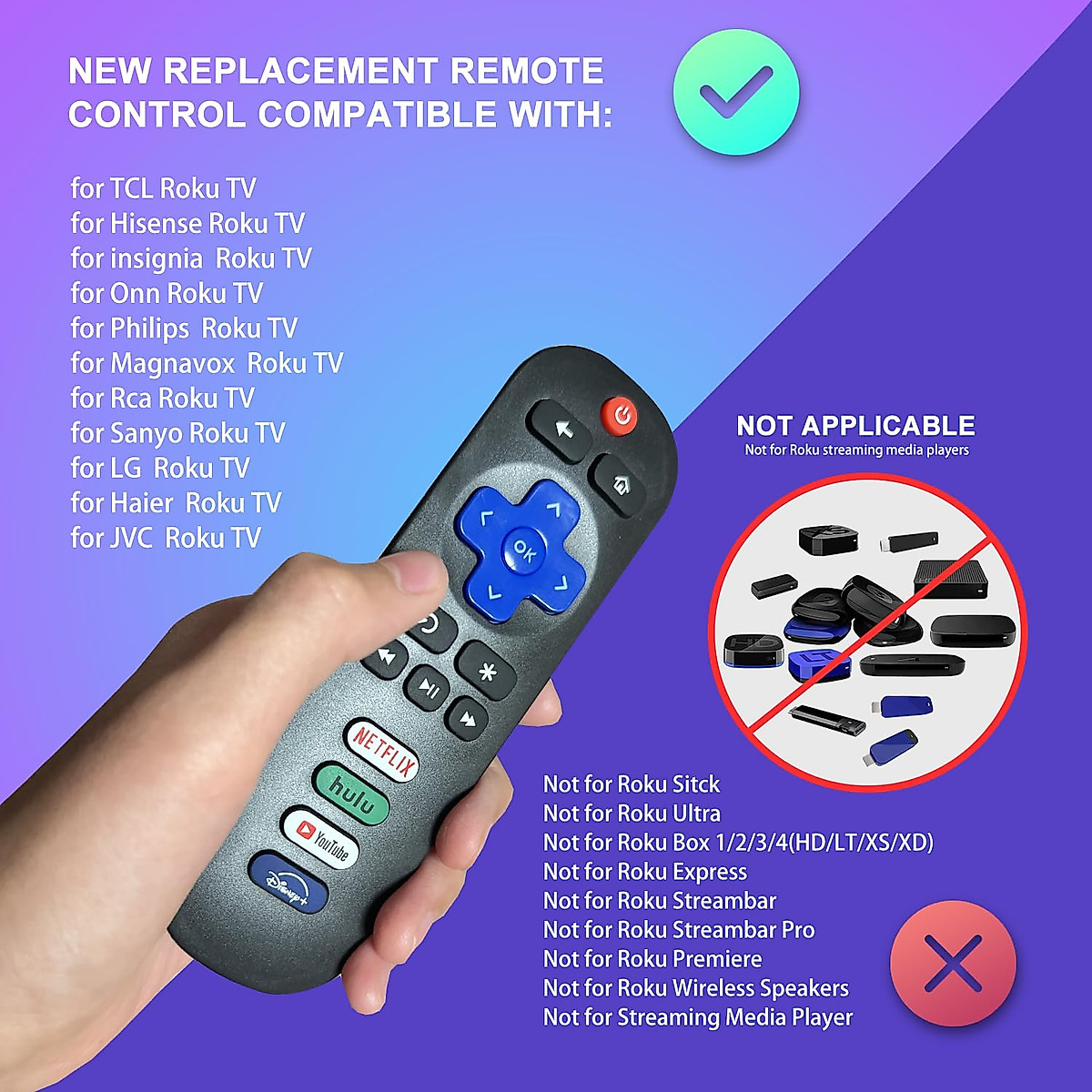 [2 Pack] Replaced Remote Control Only Compatible with TCL/Hisense/Onn/Sharp (Not for Roku Stick and Box)