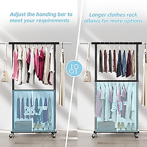 MWQ Double Rod Clothes Garment Rack on Wheels, 50in Long Rolling Clothing Storage Organizer with Adjustable Rod and Shelf, Black