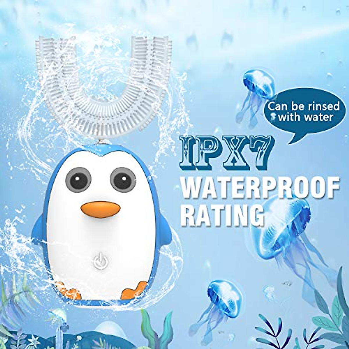 SHNOKER Electric Toothbrush with U-Shaped Toothbrush, with Charging Base Ultrasonic Automatic Toothbrush,IPX7 Waterproof,Three Clearing Modes,Cartoon Modeling Design for Kids (Blue 3-6 Year)