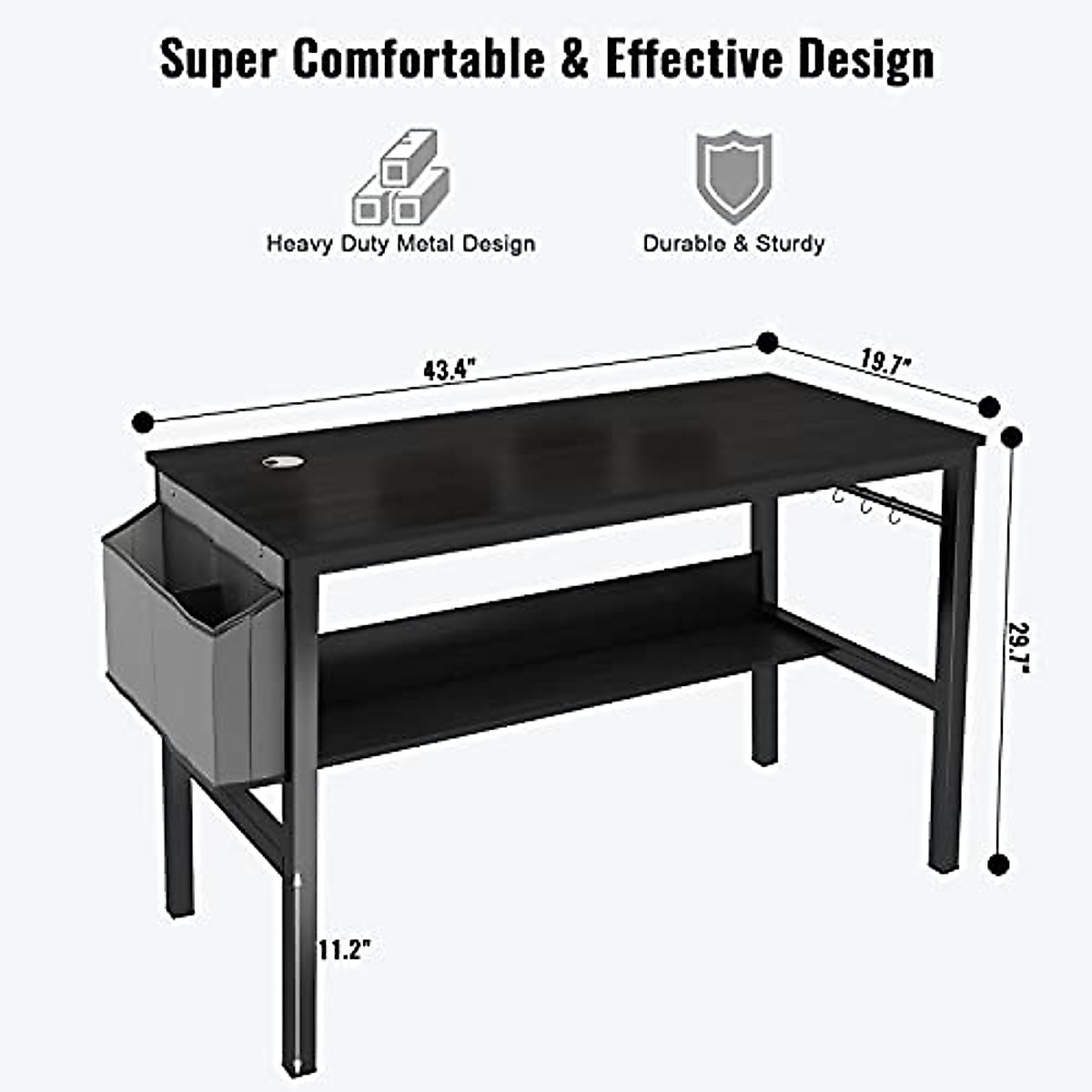 AWQM Modern Home Office Desk, Computer Desk with Side Bag, Storage Shelves and Iron Hook, Work Table, Study Writing Table, Gaming Desk, Workstation for Small Spaces, Black