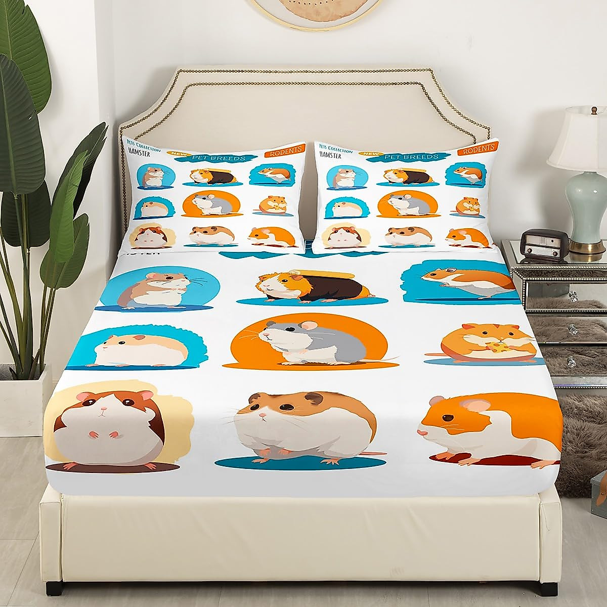Feelyou Cute Hamster Bedding Set for Girls Boys Children Cartoon Pet Animal Bed Sheet Set Decorative Lovely Rodent Fitted Sheet Pet Mouse Pattern Bed Cover Twin Size 2Pcs