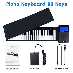 SURNUO Portable Roll Up 88 Keys Piano Keyboard with LCD Display, Digital Electric Hand Roll Piano Keyboard with 2000mAh Rechargeable Battery Christmas Gifts