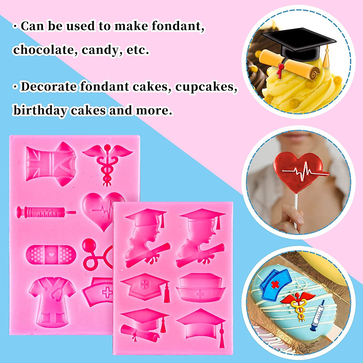 Whaline 2 Pack Nurse Graduation Themed Fondant Molds Silicone Doctor Nurse Grad Hat Medical Equipment Candy Mould Congrats Grad Chocolate Baking Resin Mold for Cupcake Cake Topper Decoration