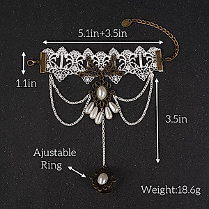 Kercisbeauty Wedding Bridal White Lace Pearl Tassel Wristband with Retro Gold Finger Ring for Women Girls Ladies Victorian Hand Bracelet (Style 3)